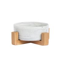 China Eco Friendly Marble Ceramic Raised Dog Bowls with Wooden Stand 2 Bowl Set for sale