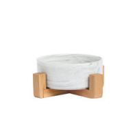 China Eco Friendly Marble Ceramic Raised Dog Bowls with Wooden Stand 2 Bowl Set for sale