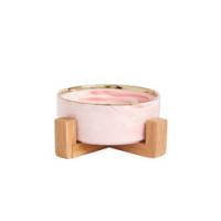 China Eco Friendly Marble Ceramic Raised Dog Bowls with Wooden Stand 2 Bowl Set for sale