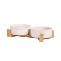 China Eco Friendly Marble Ceramic Raised Dog Bowls with Wooden Stand 2 Bowl Set for sale
