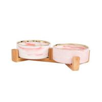 China Eco Friendly Marble Ceramic Raised Dog Bowls with Wooden Stand 2 Bowl Set for sale