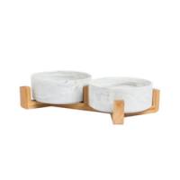 China Eco Friendly Marble Ceramic Raised Dog Bowls with Wooden Stand 2 Bowl Set for sale