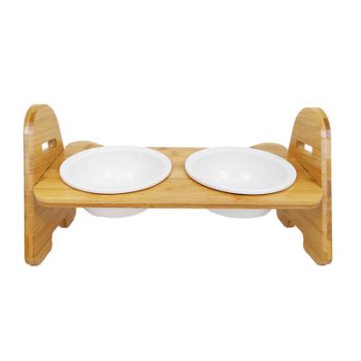 China Ceramic Wooden Inclined Cat Food Bowl Double Sustainable ODM BSCI Certified Custom Size for sale