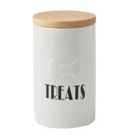 China Custom Ceramic Dog Treat Jar 7x5 Inch with Wood Lid for Pet Food Storage for sale
