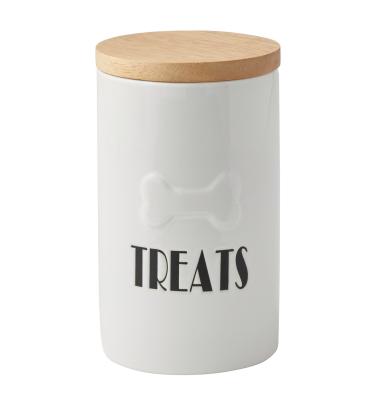 China Custom Ceramic Dog Treat Jar 7x5 Inch with Wood Lid for Pet Food Storage for sale