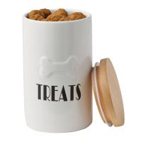 China Custom Ceramic Dog Treat Jar 7x5 Inch with Wood Lid for Pet Food Storage for sale