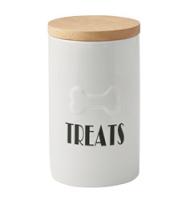 China Custom Ceramic Dog Treat Jar 7x5 Inch with Wood Lid for Pet Food Storage for sale