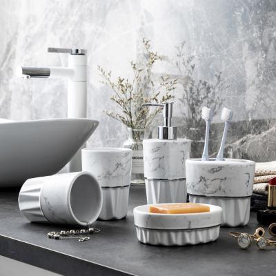China 5 Piece Ceramic Bathroom Set Marble Decal Soap Dispenser Set for Hotels 18.3cm for sale