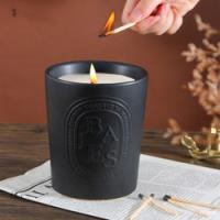 China Matte Embossed Empty Ceramic Candle Jar Multi Colored With Wooden Lids for sale