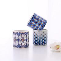 China Scented Cylinder Ceramic Candle Jar With Vintage Tile Pattern Printed for sale