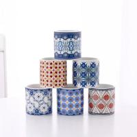 China Scented Cylinder Ceramic Candle Jar With Vintage Tile Pattern Printed for sale