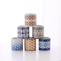 China Scented Cylinder Ceramic Candle Jar With Vintage Tile Pattern Printed for sale