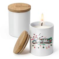 China White Ceramic Candle Jar 300ml with Bamboo Lid for Wholesale Custom Sublimation for sale