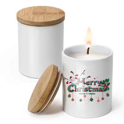 China White Ceramic Candle Jar 300ml with Bamboo Lid for Wholesale Custom Sublimation for sale