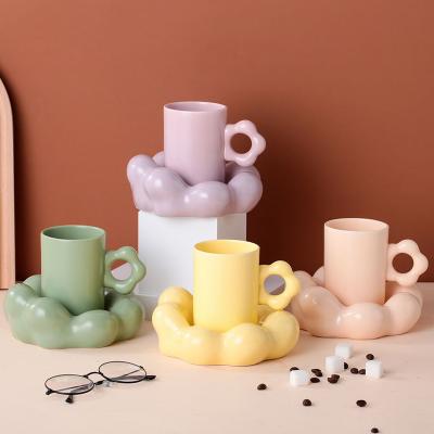 China Matte Nordic Ceramic Cappuccino Cup 250ml Flower Shape Porcelain Coffee Mug with Saucer for sale