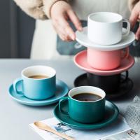 China Ceramic Cappuccino Cup and Saucer Set 200ml 5 Colors Custom Logo Latte Coffee Drinkware for sale