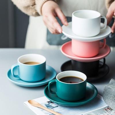 China Ceramic Cappuccino Cup and Saucer Set 200ml 5 Colors Custom Logo Latte Coffee Drinkware for sale