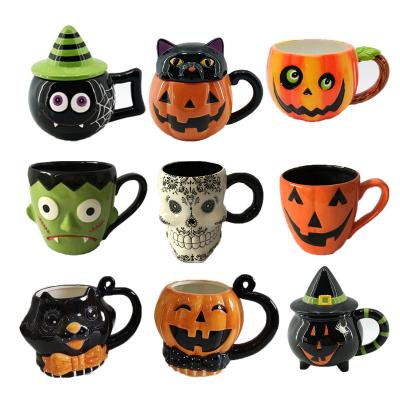 China Custom Ceramic Hand-painted Halloween Coffee Mug 3D Embossed Cat Pumpkin Ghost Skull Witch Monster 5 Inch Height for sale