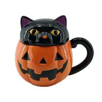 China Custom Ceramic Hand-painted Halloween Coffee Mug 3D Embossed Cat Pumpkin Ghost Skull Witch Monster 5 Inch Height for sale