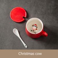 China Ceramic Christmas Mug 350ml with Lid and Spoon Red Eco Friendly Gift Cup for sale
