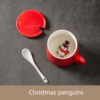 China Ceramic Christmas Mug 350ml with Lid and Spoon Red Eco Friendly Gift Cup for sale