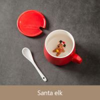 China Ceramic Christmas Mug 350ml with Lid and Spoon Red Eco Friendly Gift Cup for sale