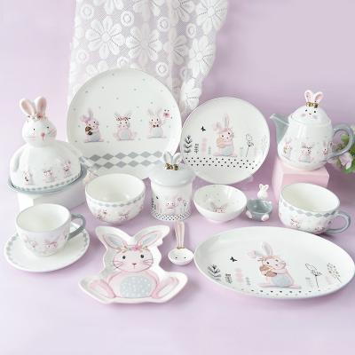 China Creative Cute Rabbit Ceramic Dinnerware Set Embossed Craft 1-Piece Home Easter Tableware for sale
