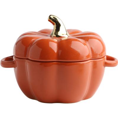 China Pumpkin Porcelain Ceramic Bowl with Lid for Breakfast Egg Stew 300ml for sale