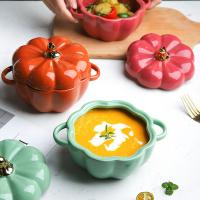 China Pumpkin Porcelain Ceramic Bowl with Lid for Breakfast Egg Stew 300ml for sale