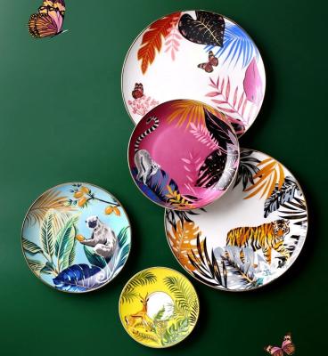 China Round Ceramic Dinner Plate Set 6 Inch 8 Inch Jungle Animal Pattern European Style Porcelain for sale