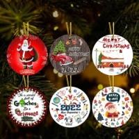 China Custom Ceramic Hanging Christmas Tree Ornaments 3 Inch Round Double Side Printable for sale