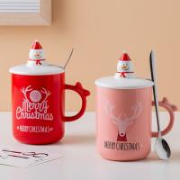 China Christmas Elk Pattern Ceramic Mug with Lid and Stainless Steel Spoon 350ml for sale