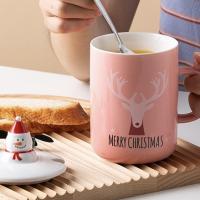 China Christmas Elk Pattern Ceramic Mug with Lid and Stainless Steel Spoon 350ml for sale