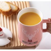 China Christmas Elk Pattern Ceramic Mug with Lid and Stainless Steel Spoon 350ml for sale