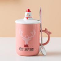 China Christmas Elk Pattern Ceramic Mug with Lid and Stainless Steel Spoon 350ml for sale