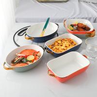 China Rectangular Ceramic Baking Dish with Handle 30cm Oven Safe Lasagna Pan for sale