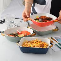 China Rectangular Ceramic Baking Dish with Handle 30cm Oven Safe Lasagna Pan for sale