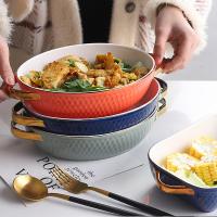China Rectangular Ceramic Baking Dish with Handle 30cm Oven Safe Lasagna Pan for sale