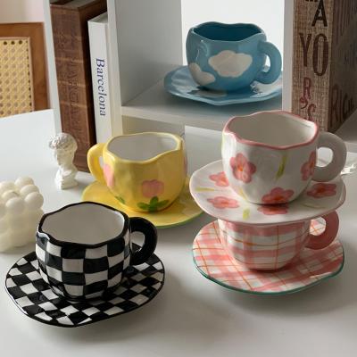 China Handmade Irregular Ceramic Mug 10oz Custom Coffee Cup Saucer Retro Stoneware Tea Mug for sale