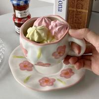 China Handmade Irregular Ceramic Mug 10oz Custom Coffee Cup Saucer Retro Stoneware Tea Mug for sale