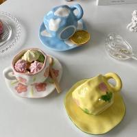 China Handmade Irregular Ceramic Mug 10oz Custom Coffee Cup Saucer Retro Stoneware Tea Mug for sale