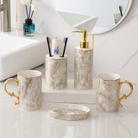 China Ceramic Soap Dispenser Set 5 Piece Round Shape Glazed Eco Friendly Bathroom Accessories for sale