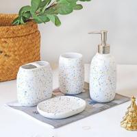 China 5 Piece Ceramic Bathroom Set Soap Dispenser Toothbrush Holder Tumbler Soap Dish Lotion Dispenser for sale