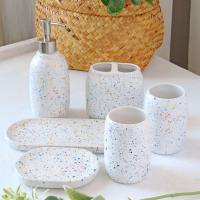 China 5 Piece Ceramic Bathroom Set Soap Dispenser Toothbrush Holder Tumbler Soap Dish Lotion Dispenser for sale