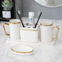 China 5-Piece Ceramic Bathroom Set Soap Dispenser Toothbrush Holder Tumbler Soap Dish for sale