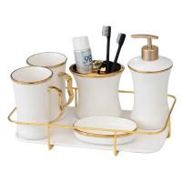 China 5-Piece Ceramic Bathroom Set Soap Dispenser Toothbrush Holder Tumbler Soap Dish for sale