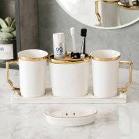 China 5-Piece Ceramic Bathroom Set Soap Dispenser Toothbrush Holder Tumbler Soap Dish for sale