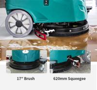 China 1600 Square Meters Per Hour Cleaning Efficiency Industrial Intelligent Battery Mini Walk Behind Floor Scrubber 350 Watt Power for sale