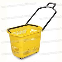China 35L Rolling Grocery Plastic Basket Trolley With Wheels Supermarket Shopping for sale