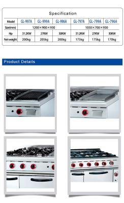 China Commercial Gas Range GH-999A 27kW 4-Burner Rock Grill Oven 205kg Heavy Duty Kitchen Equipment for sale